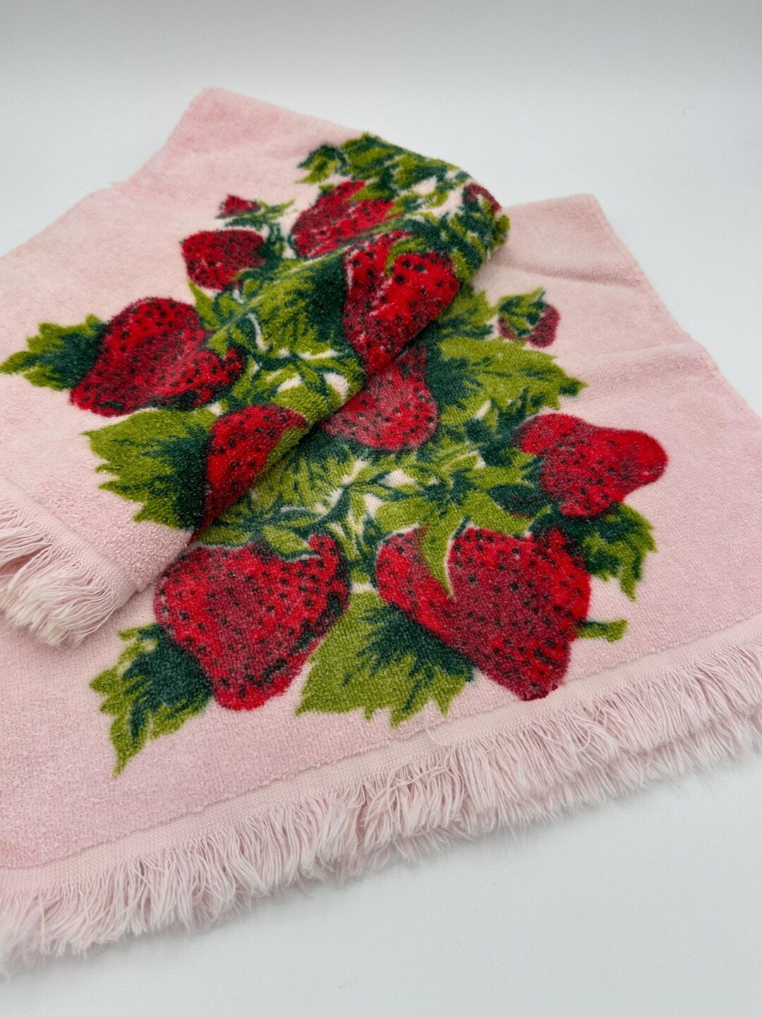 Set of 2 Pink Strawberry Patch Vintage Hand Dish Bath Towels - Soft ...