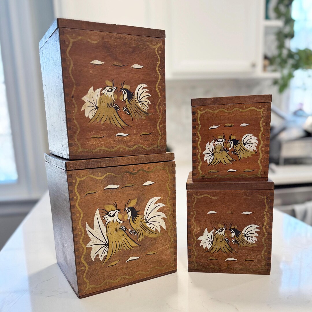 Vintage Wooden Rooster Canister Set, Nesting Boxes, Set of 4, Japan ...