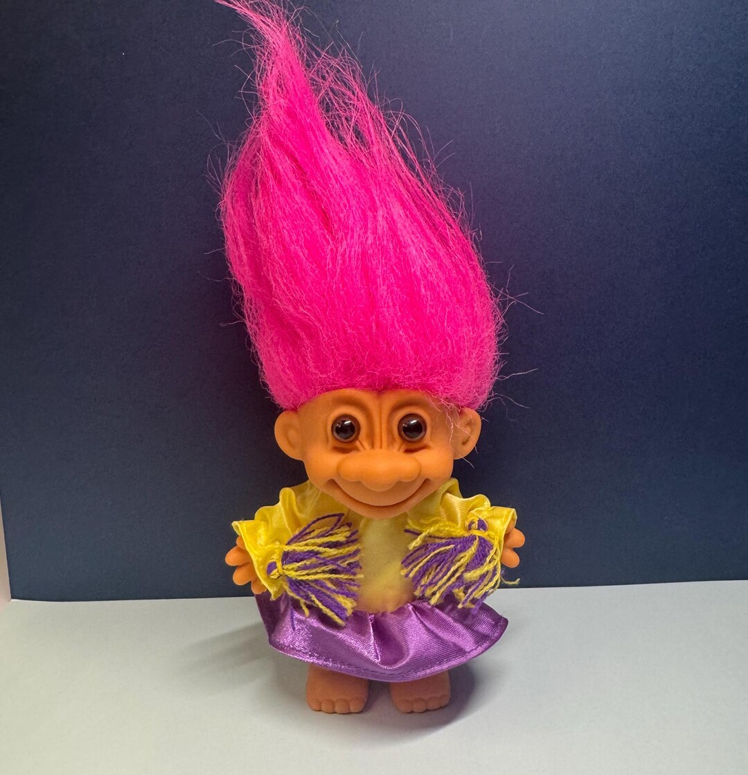 1990s Cheerleader Troll Doll, Pink Hair, Purple, Yellow, Pompoms ...