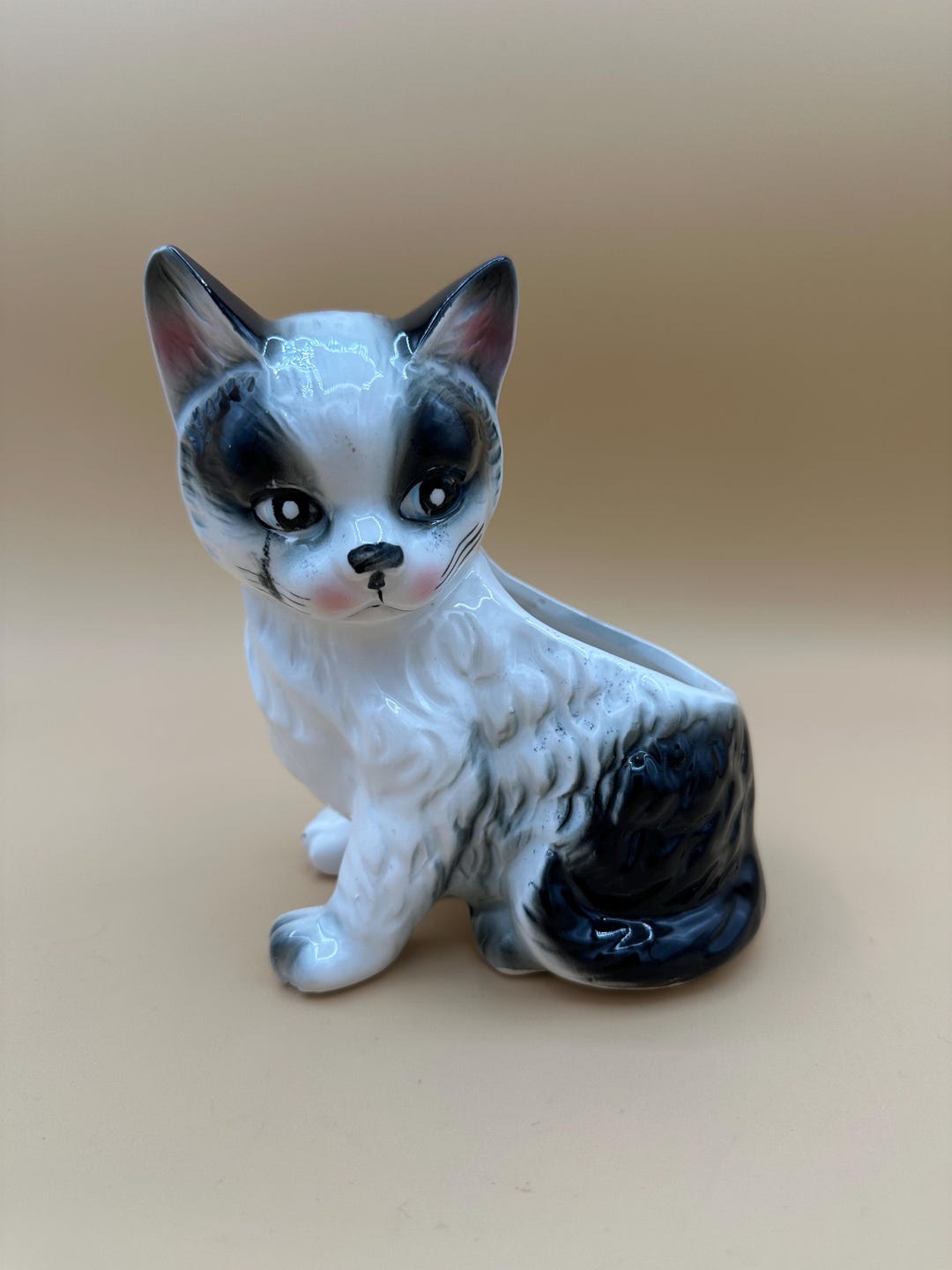 Vintage Cat Planter - Black & White Ceramic Kitty Figurine - Japanese ...