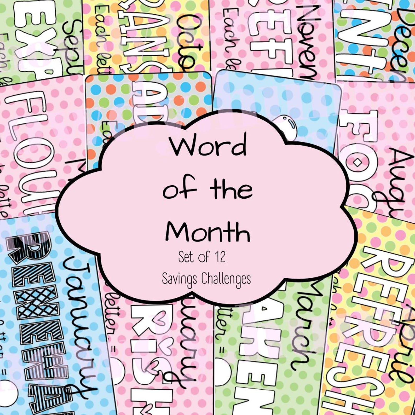 Word of the Month Savings Challenges DIGITAL DOWNLOAD Mini Cash ...
