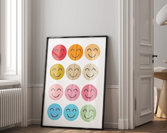 Retro Smiley Face Print, Kids Wall Art, Modern Playroom Art, Boho ...