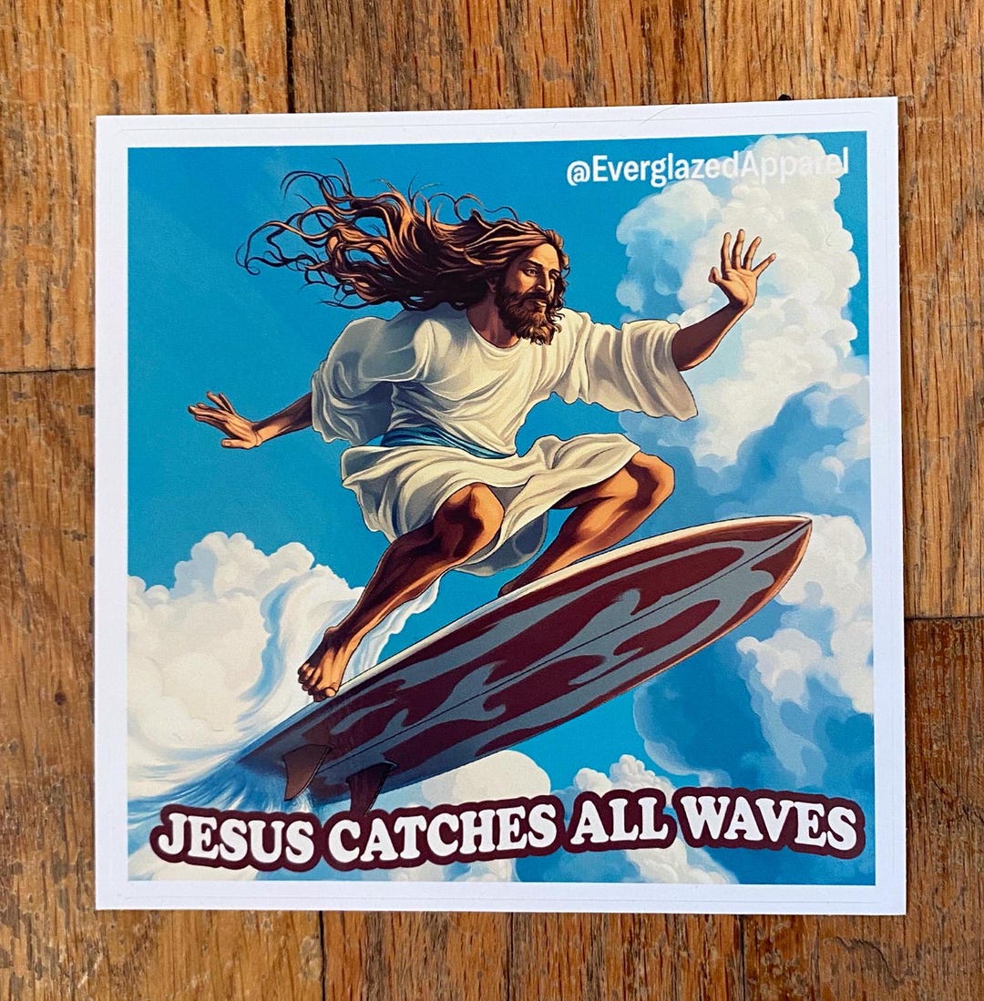 Surfing Jesus Sticker – Funny Religious Meme Decal With Jesus Riding ...