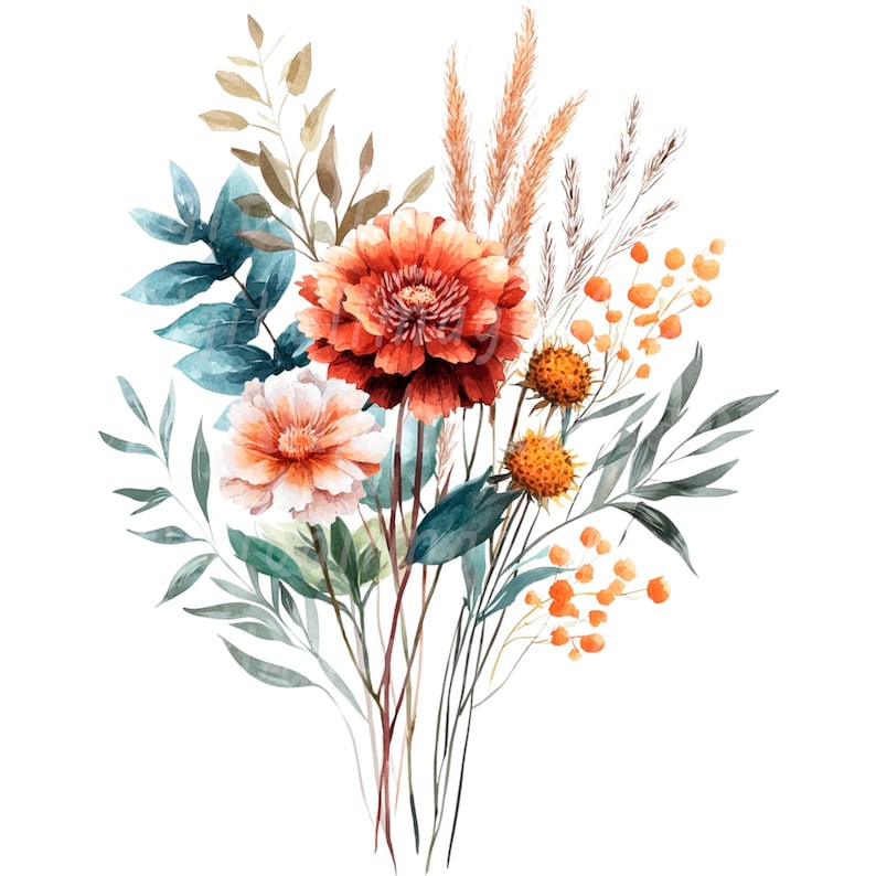 18 Boho Flowers Bouquet Clipart, Flowers Wall Art, Elegant, Printable ...