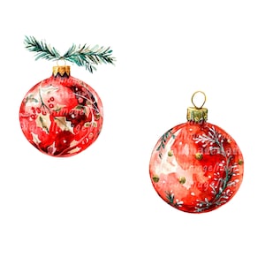 24 Red Bauble Clipart, Christmas Bauble Clipart, Printable Watercolor ...