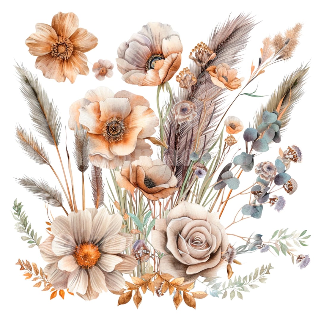 18 Boho Flowers Bouquet Clipart, Flowers Stationery, Eustoma, Printable ...