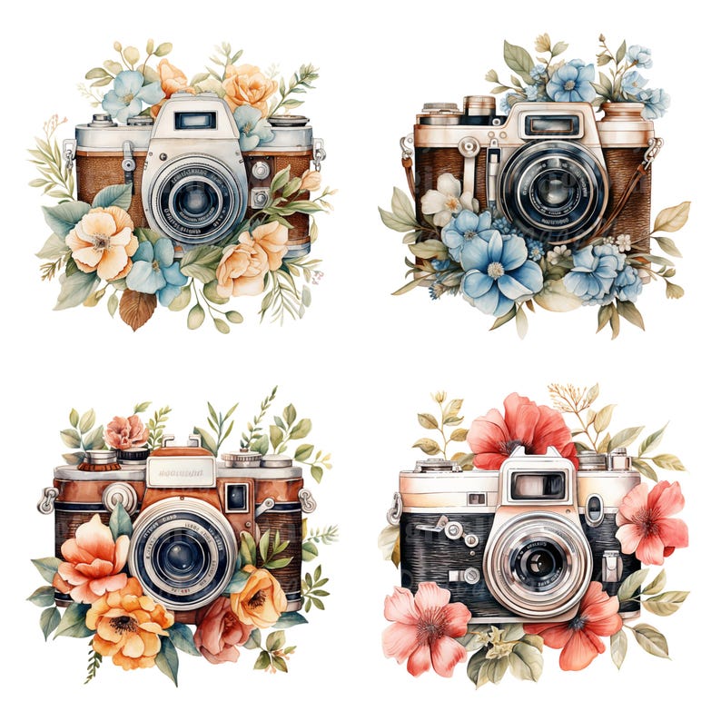 19 Vintage Floral Camera Clipart, Photo Camera, Printable Watercolor ...