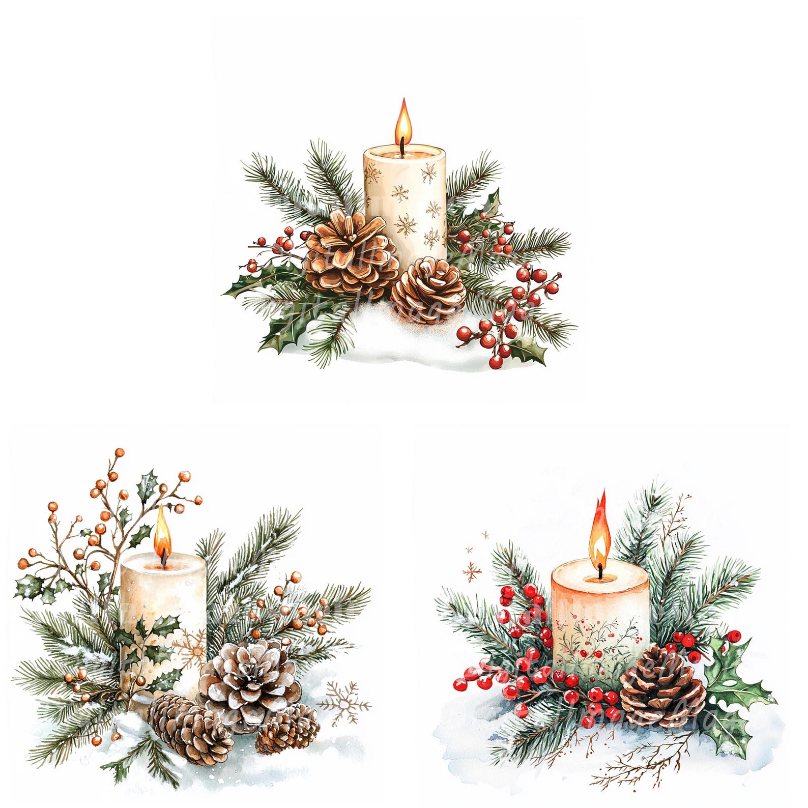 24 Christmas Candle Clipart, Candle Clipart, Printable Watercolor ...