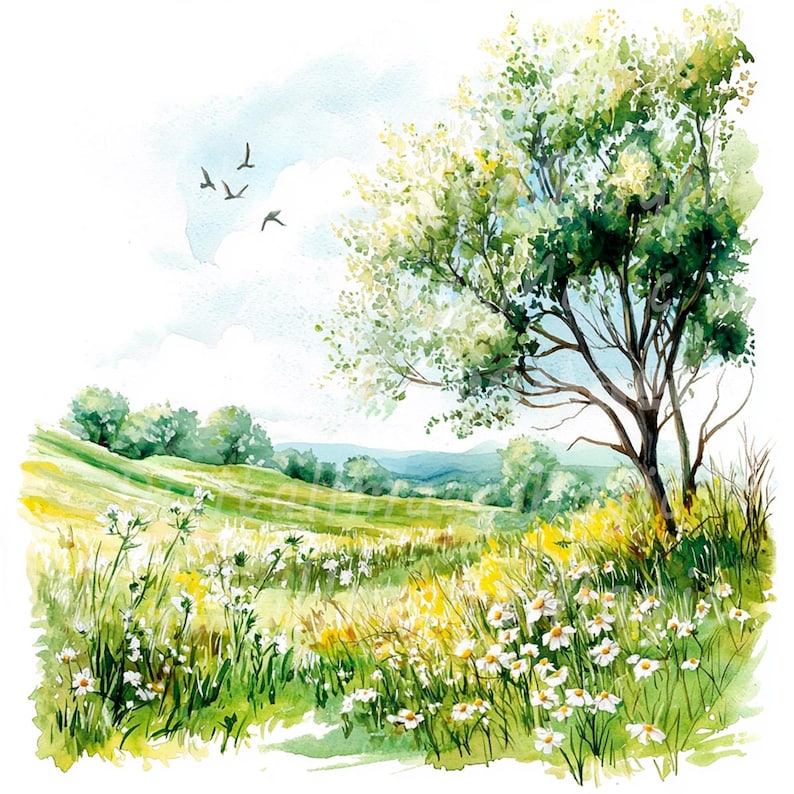 24 Spring Landscape Clipart, Spring Clipart, Printable Watercolor ...
