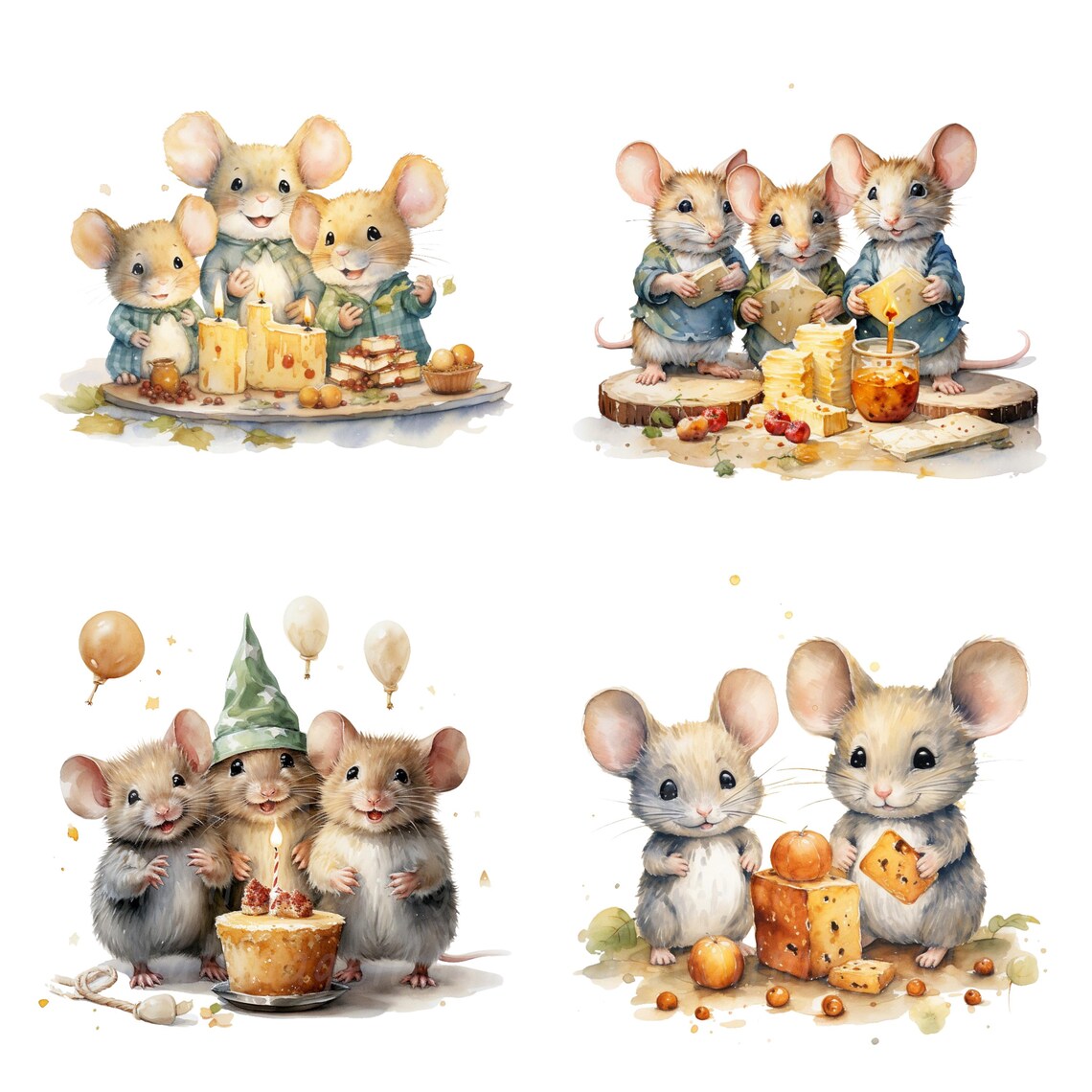 19 Mice Family Party Clipart, Mouse and Cheese, Printable Watercolor ...