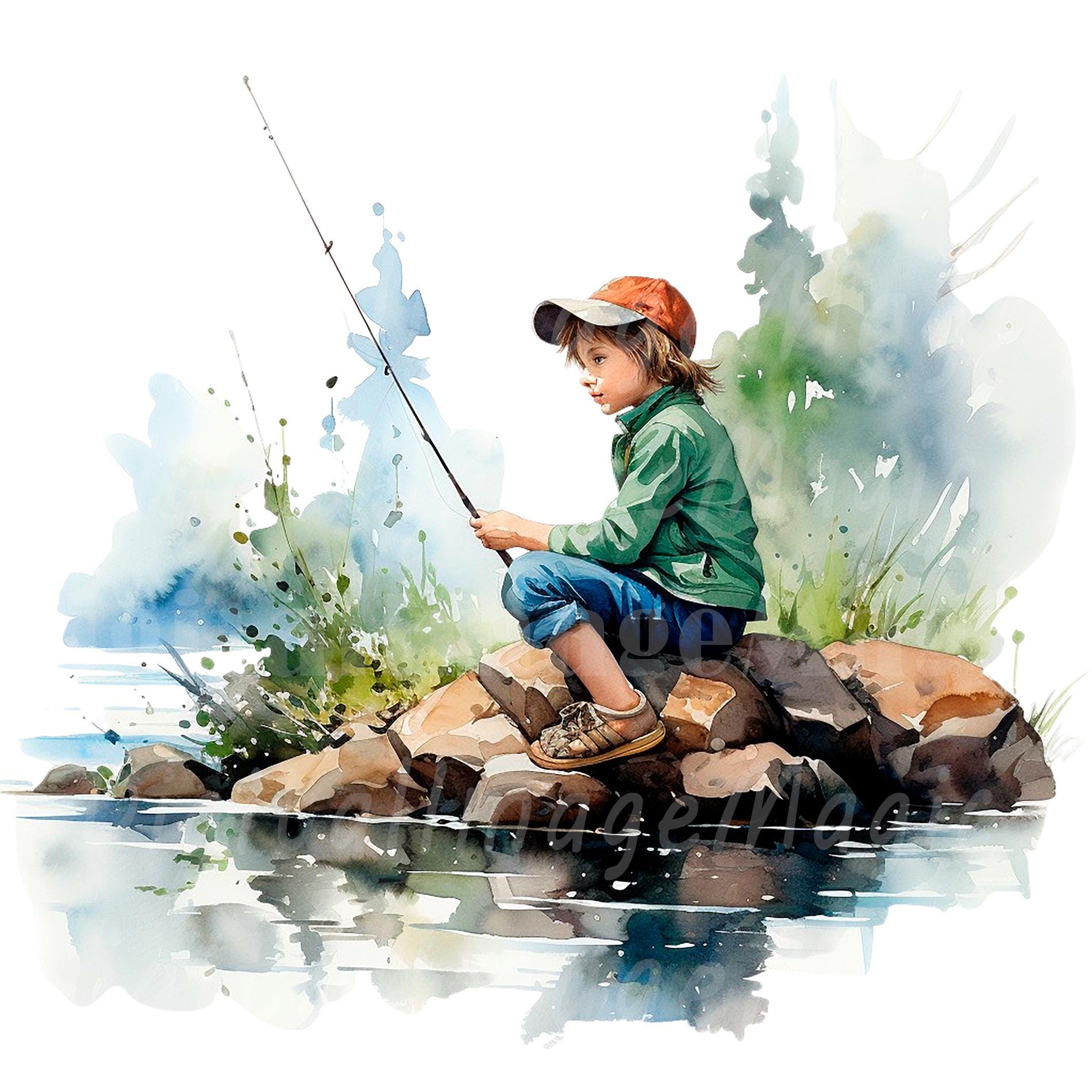 14 Kid Fishing Clipart, Little Boy Fishing, Printable Watercolor ...
