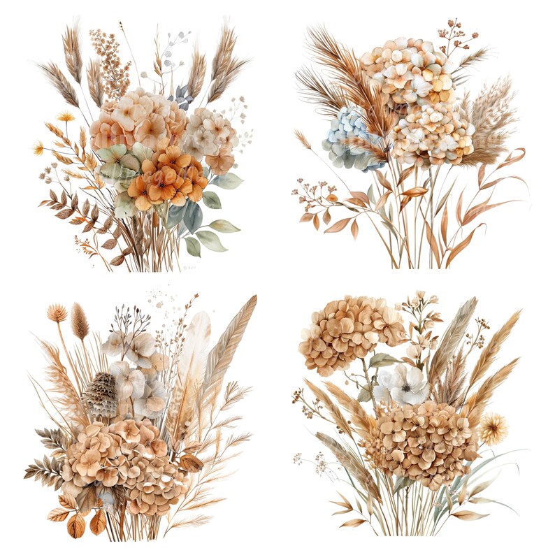 18 Boho Flowers Bouquet Clipart, Flowers Stationery, Hydrangeas ...