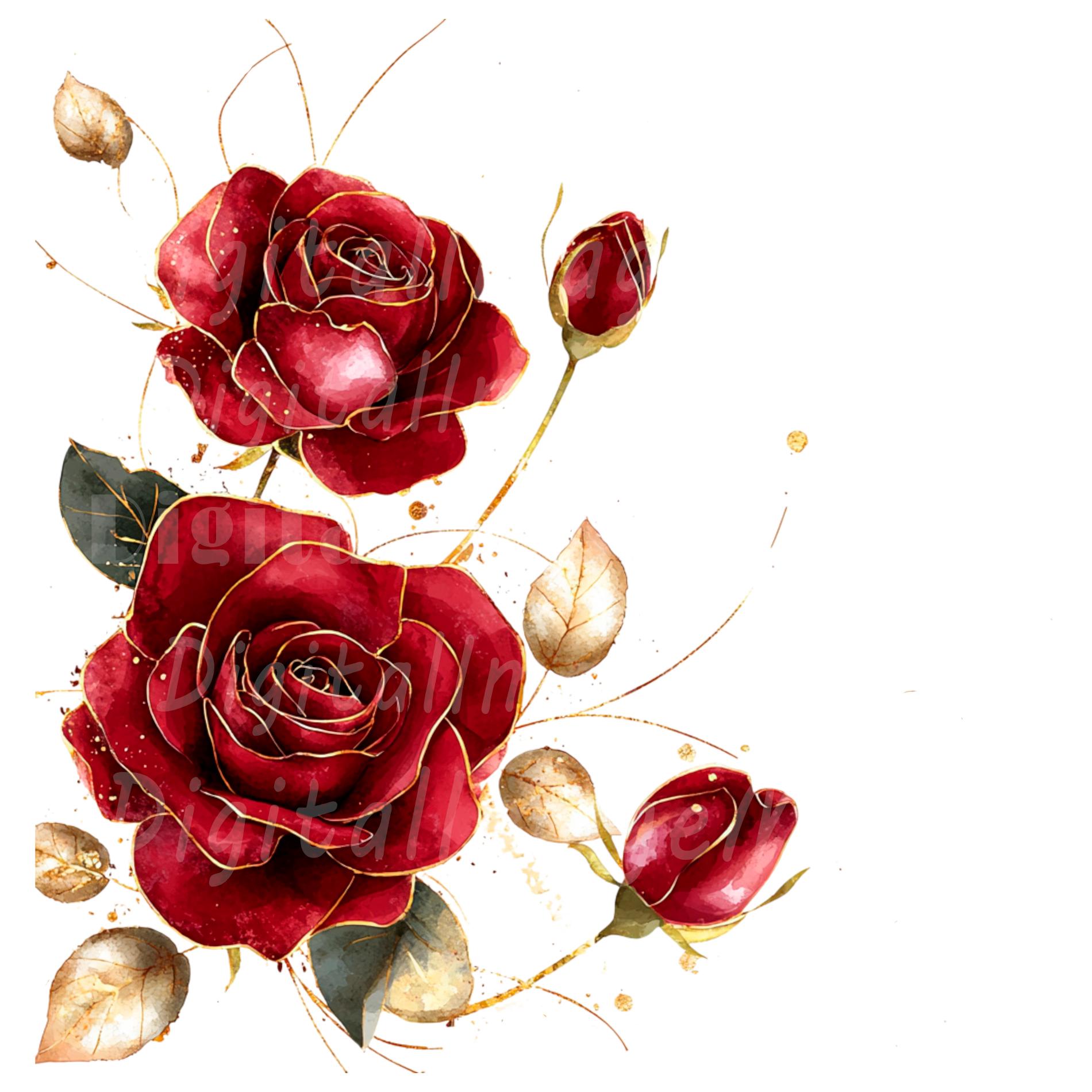 16 Red Gold Rose Clipart, Red Rose Stem, Printable Watercolor Clipart ...