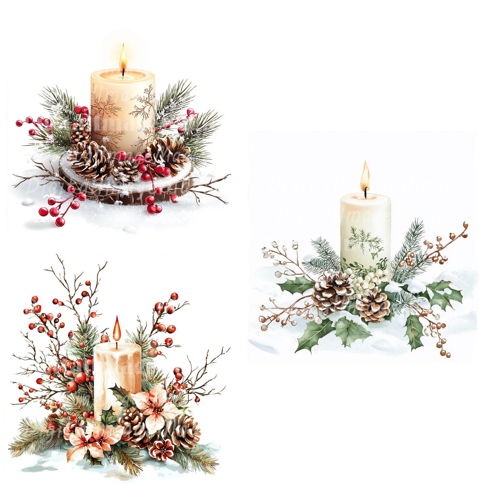 24 Christmas Candle Clipart, Candle Clipart, Printable Watercolor ...