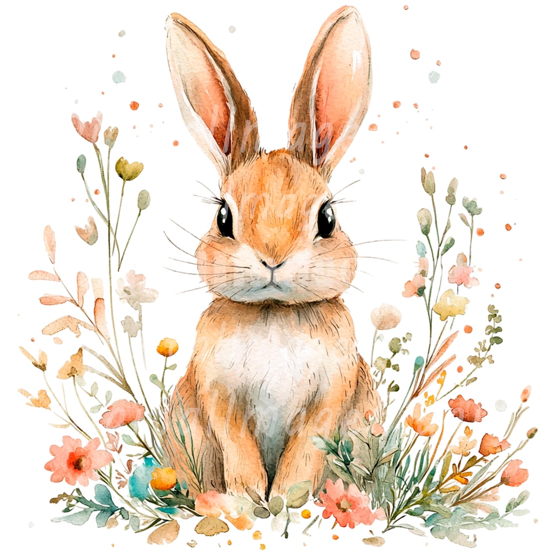 Cute Floral Bunny Clipart, Printable Watercolor Clipart, 24 High ...