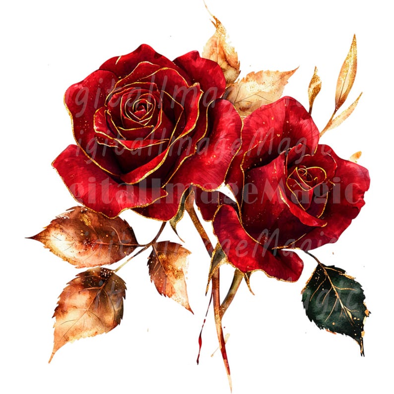 16 Red Gold Rose Clipart, Red Rose Stem, Printable Watercolor Clipart ...