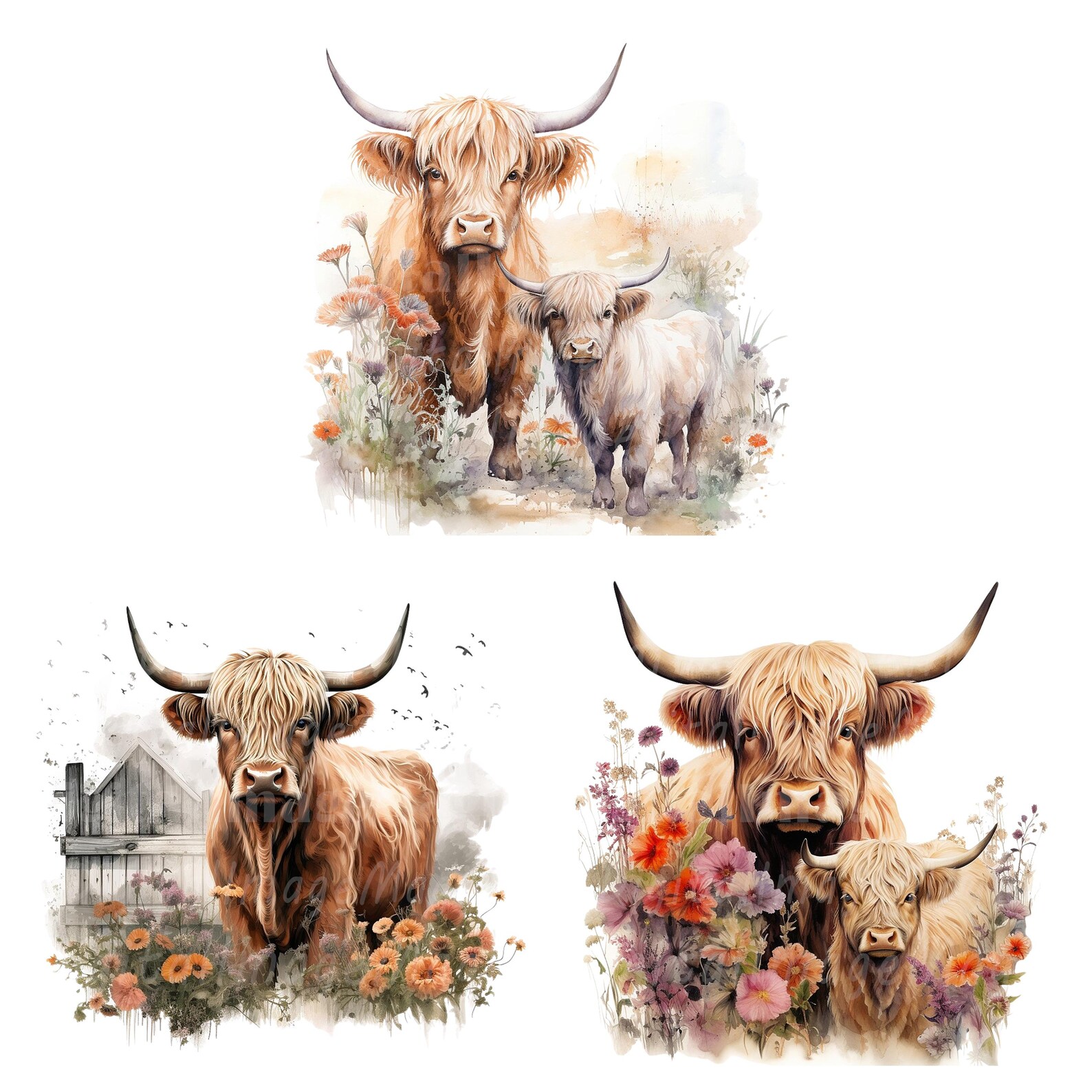 18 Highland Cow Farm Clipart, Farm Clipart, Printable Watercolor ...