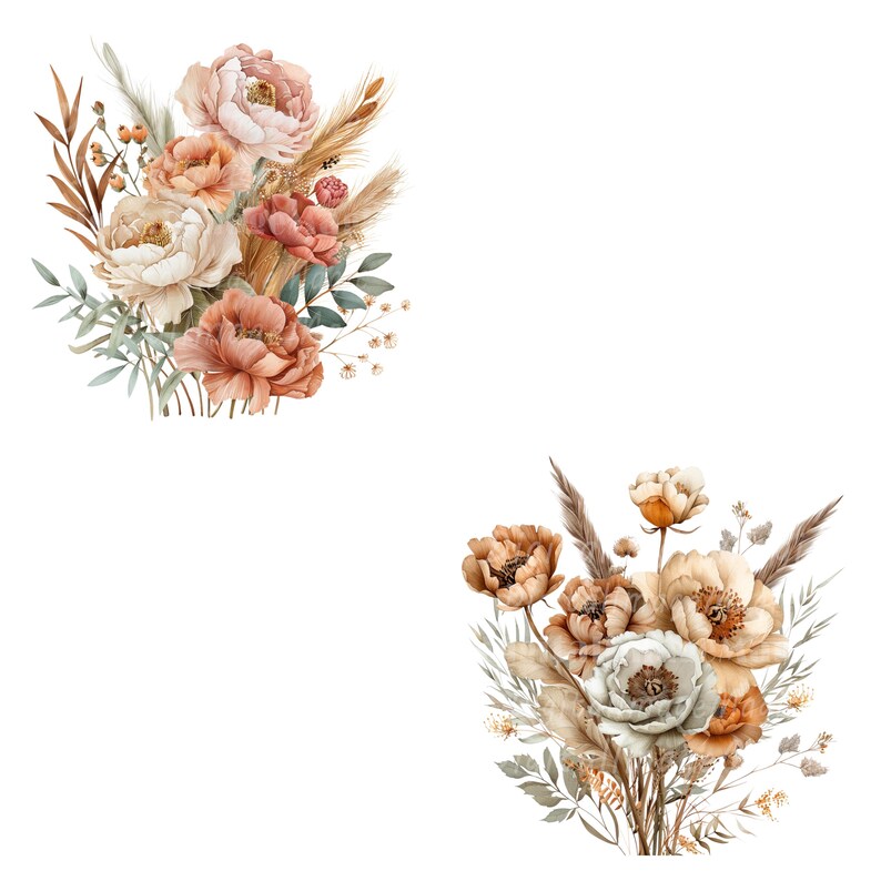 24 Boho Flowers Bouquet Clipart, Flowers Stationery, Peonies, Printable ...