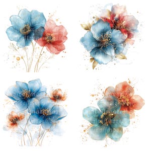 18 Abstract Flowers Clipart, Blue Gold Flower, Flowers Print, Printable ...