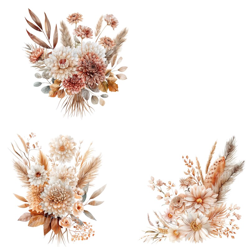24 Boho Flowers Bouquet Clipart, Flowers Stationery, Chrysanthemums ...