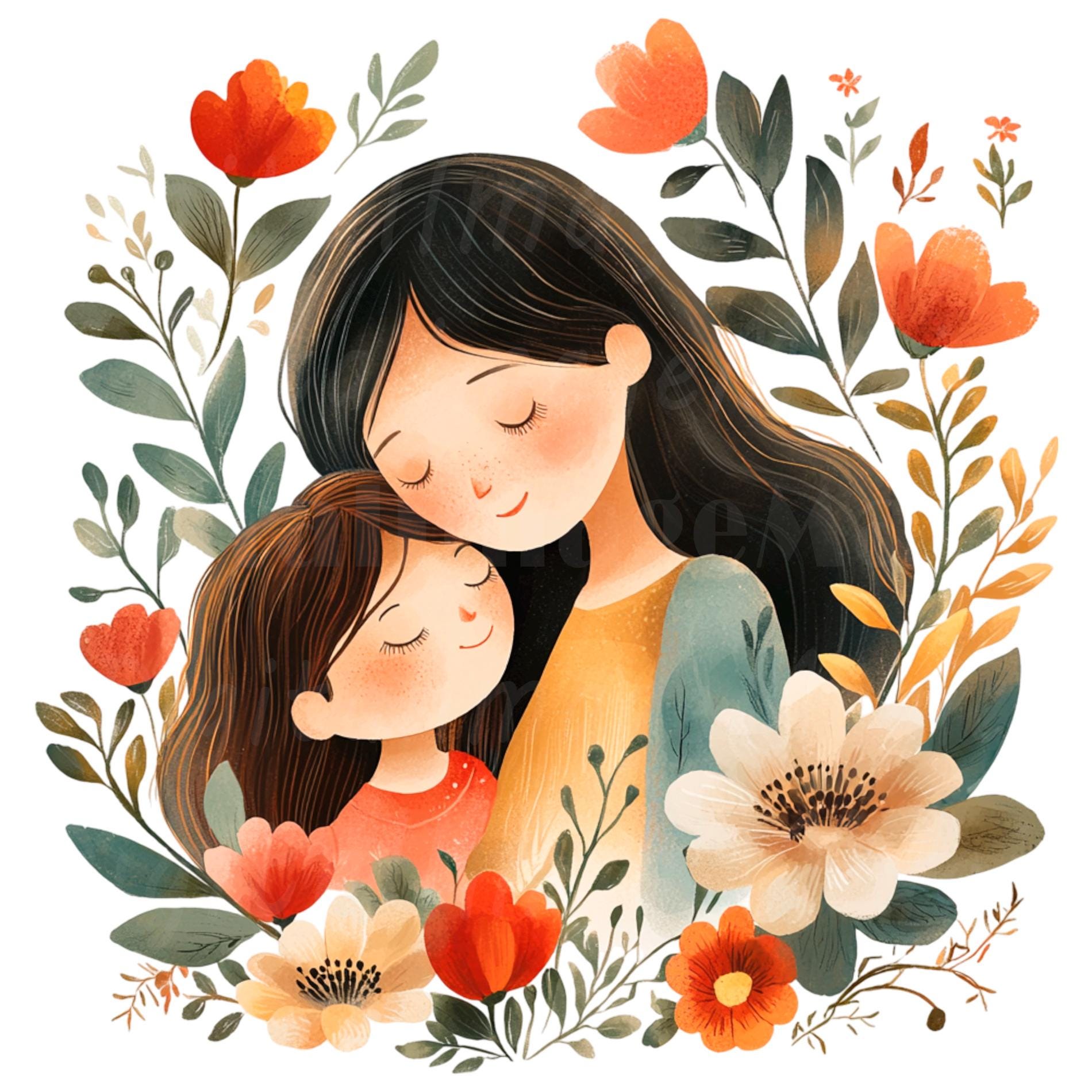 19 Mother and Daughter Clipart, Mother's Day Card, Printable Watercolor ...