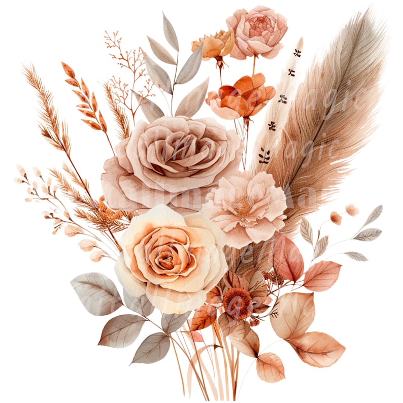 18 Boho Flowers Bouquet Clipart, Flowers Stationery, Roses, Printable ...