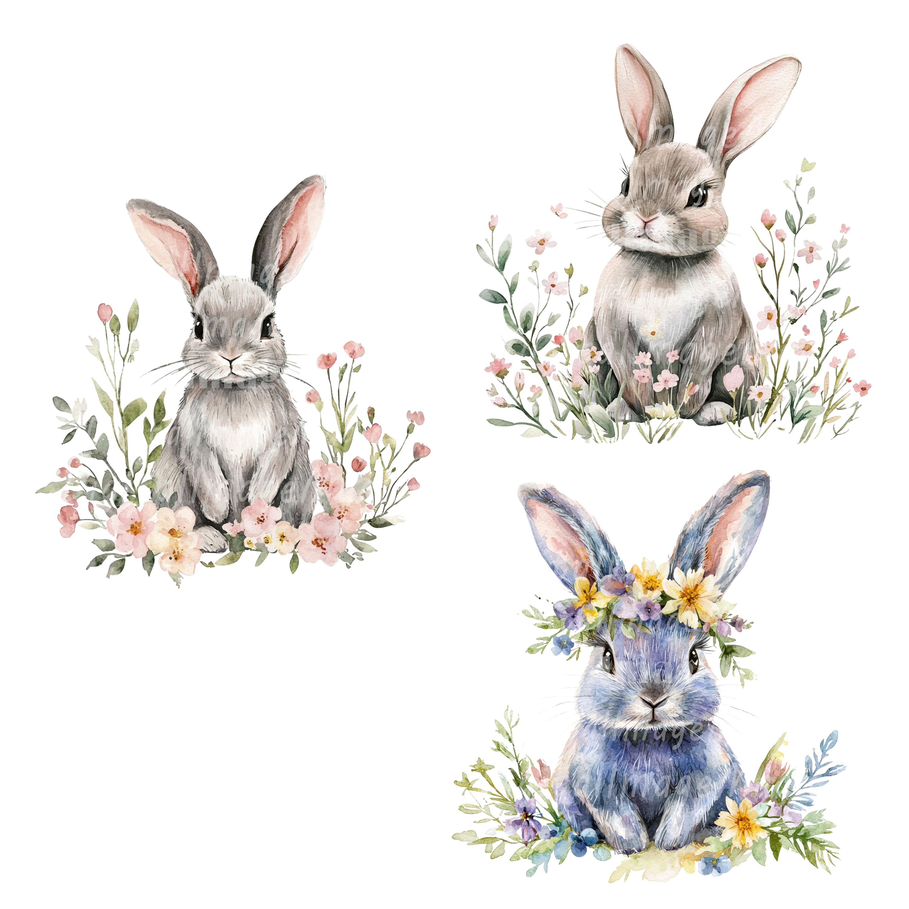 Cute Floral Bunny Clipart, Printable Watercolor Clipart, 24 High ...