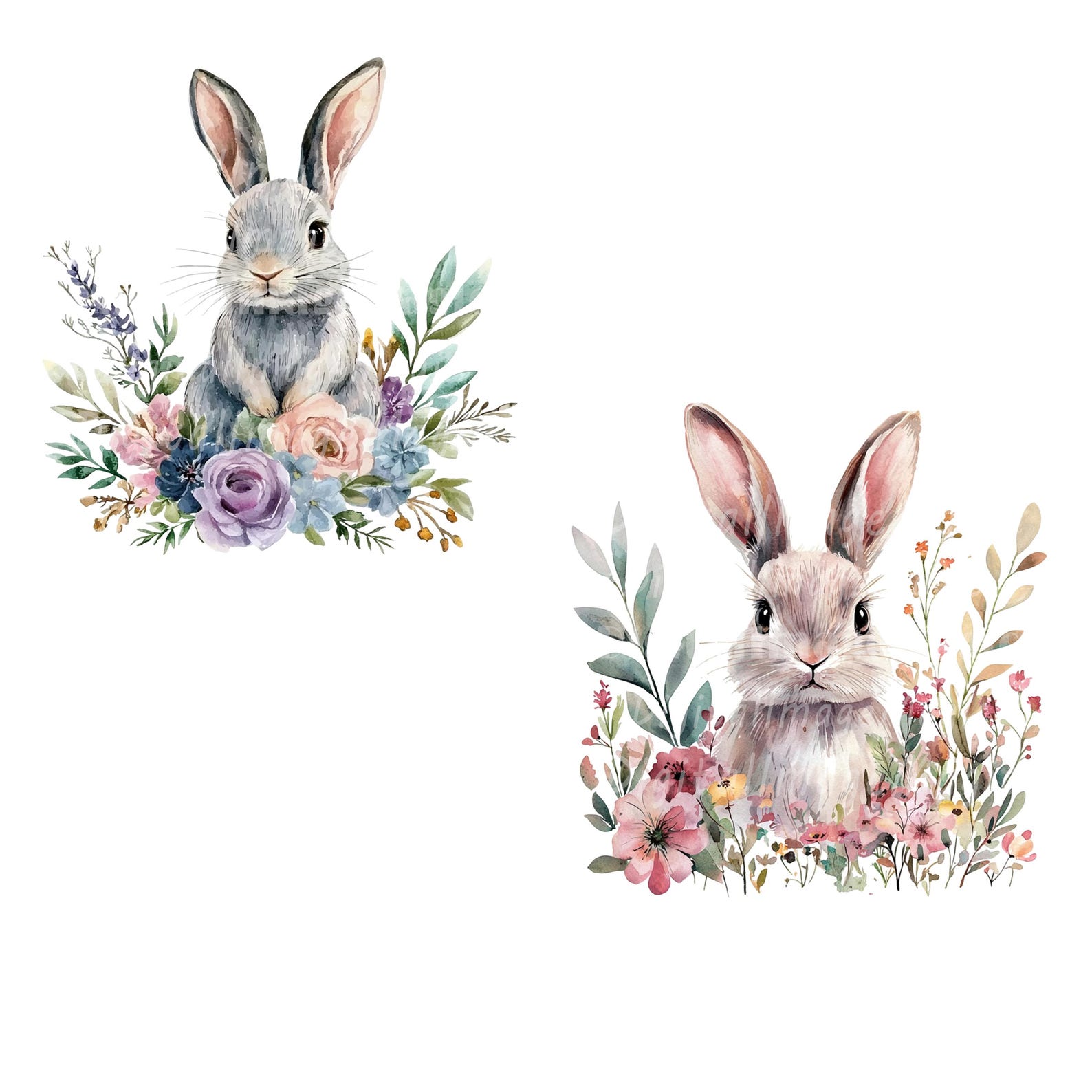 Cute Floral Bunny Clipart, Printable Watercolor Clipart, 24 High ...