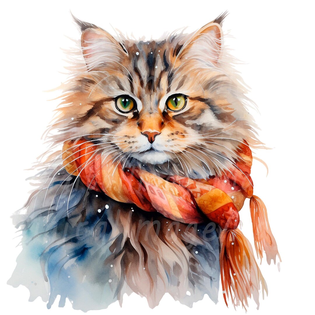 19 Fluffy Cat in Scarf Clipart, Winter Cat, Printable Watercolor ...
