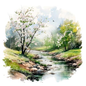 19 Spring Landscape Clipart, Spring Clipart, Printable Watercolor ...