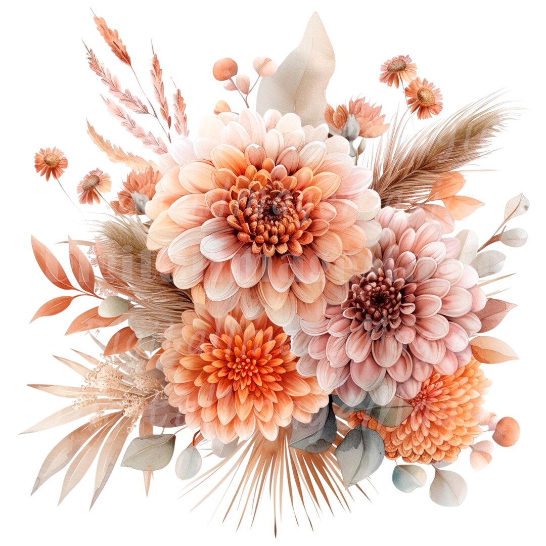 18 Boho Flowers Bouquet Clipart, Flowers Stationery, Chrysanthemums ...