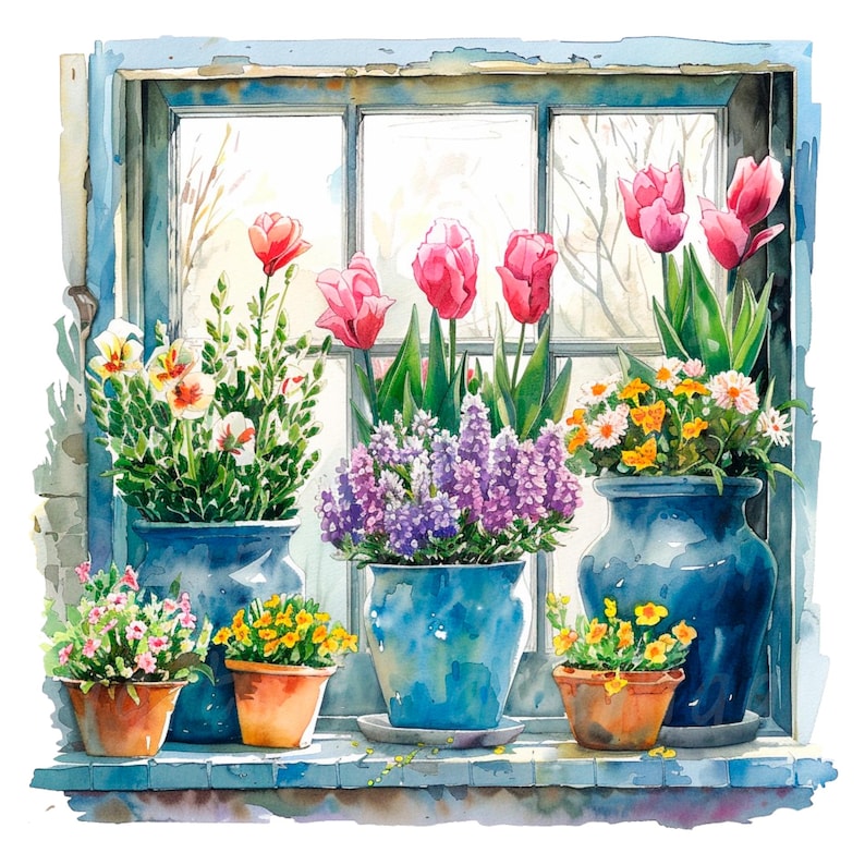 19 Spring Flowers Window Clipart, Flowerpots, Printable Watercolor ...