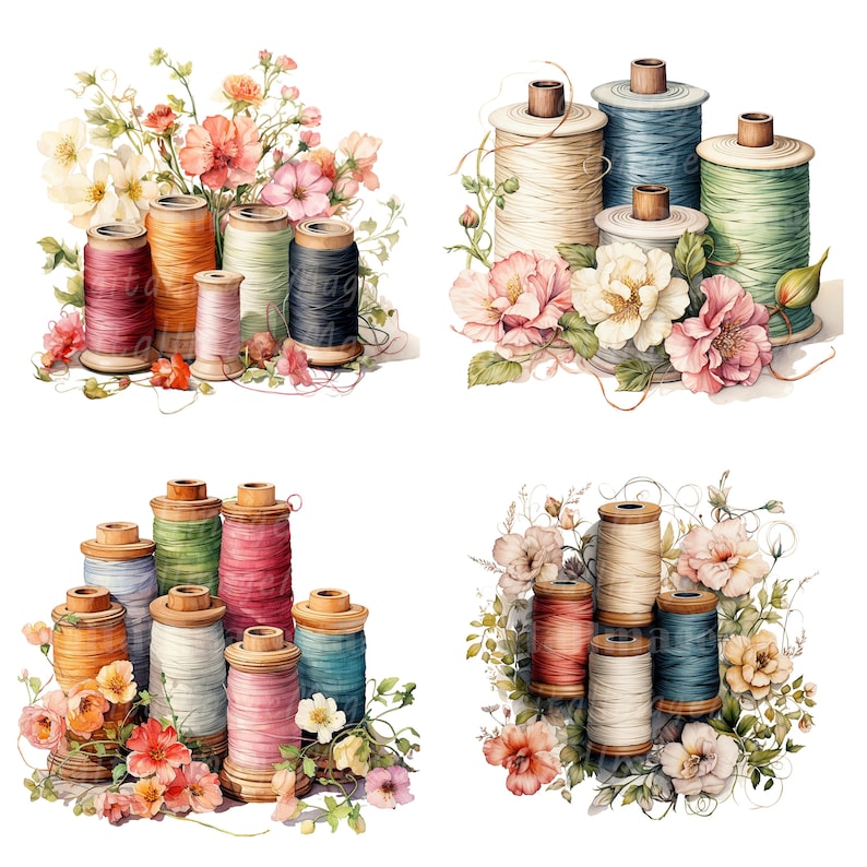 18 Vintage Spools of Thread Clipart, Floral, Printable Watercolor ...