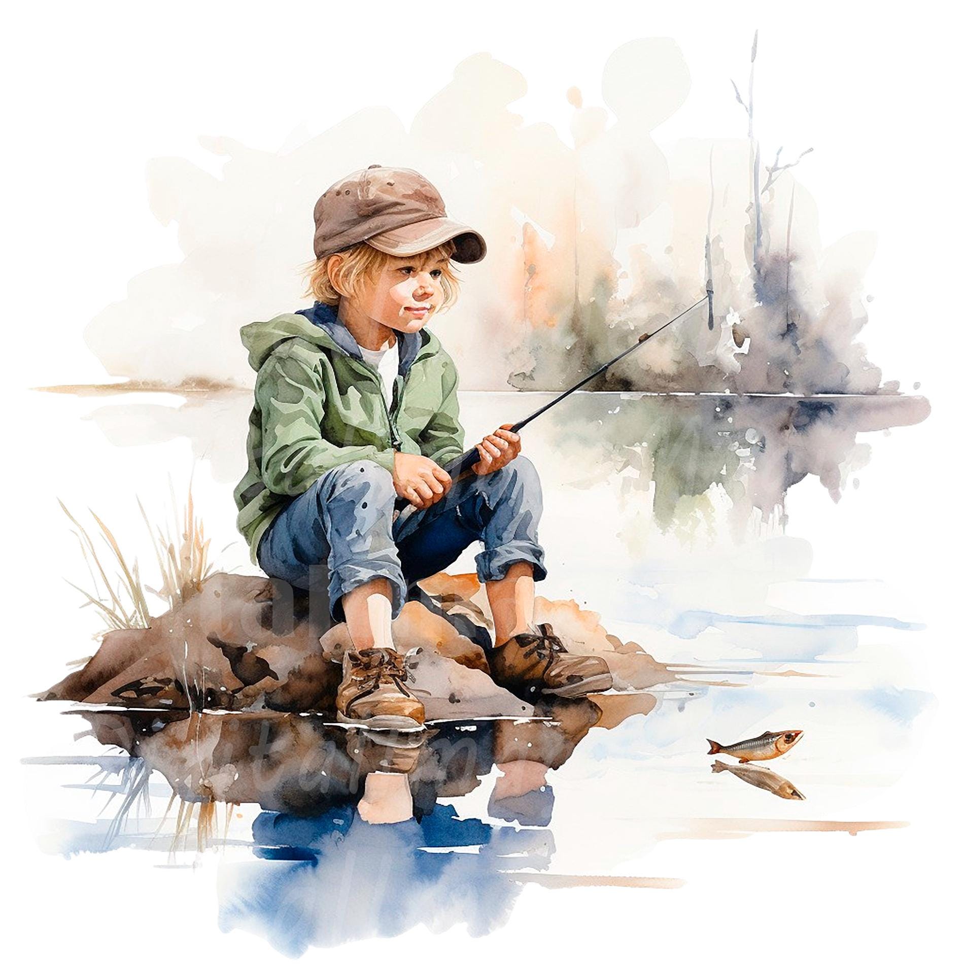 14 Kid Fishing Clipart, Little Boy Fishing, Printable Watercolor ...