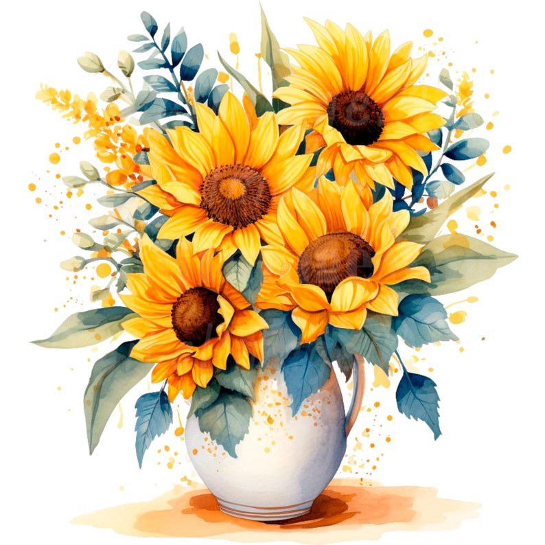 Sunflowers Clipart, Sunflowers in Vase, Printable Watercolor Clipart ...