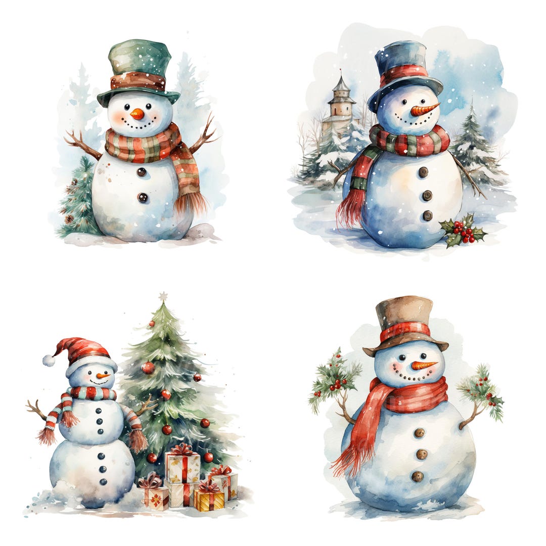 60 Various Snowmen Set Clipart, Christmas Bundle, Printable Watercolor ...