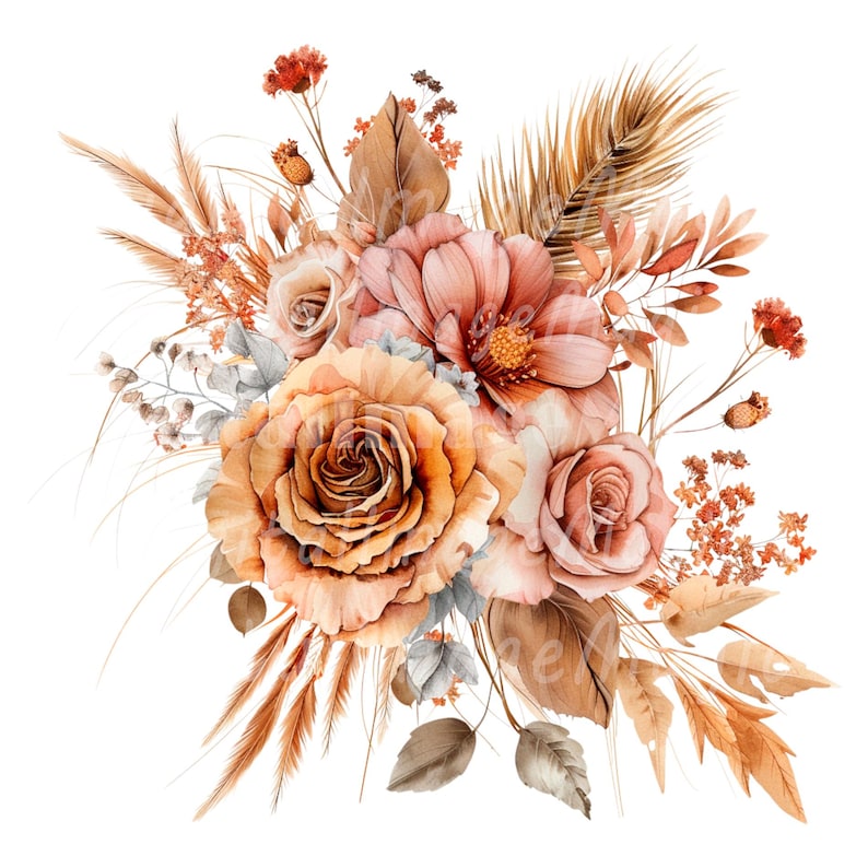 18 Boho Flowers Bouquet Clipart, Flowers Wall Art, Elegant, Printable ...