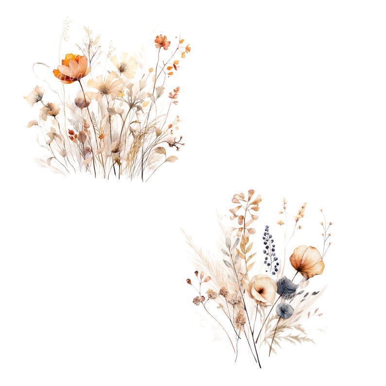 24 Boho Flowers Bouquet Clipart, Flowers Wall Art, Minimalistic ...