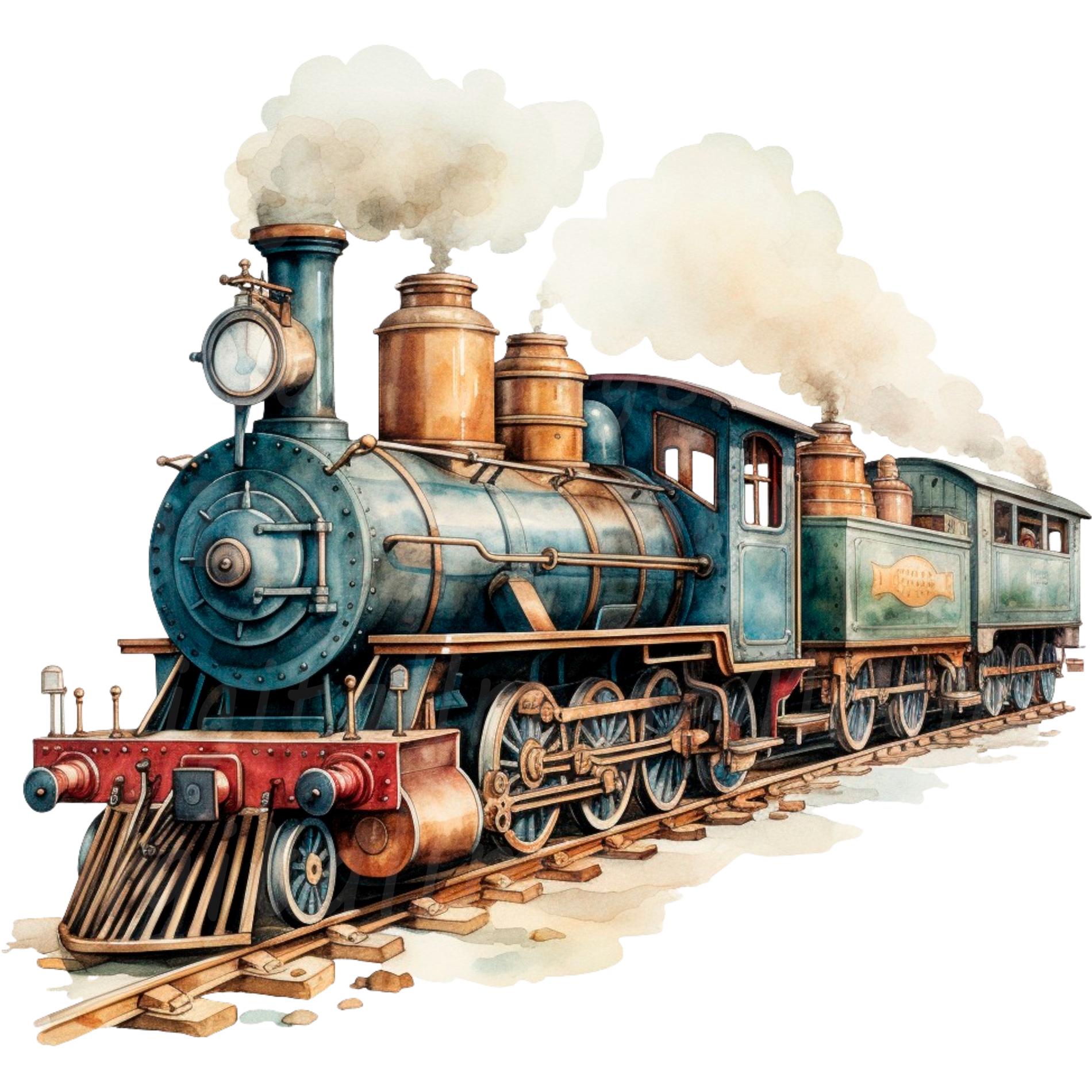 19 Cartoon Locomotives Clipart, Antique Train, Printable Watercolor ...