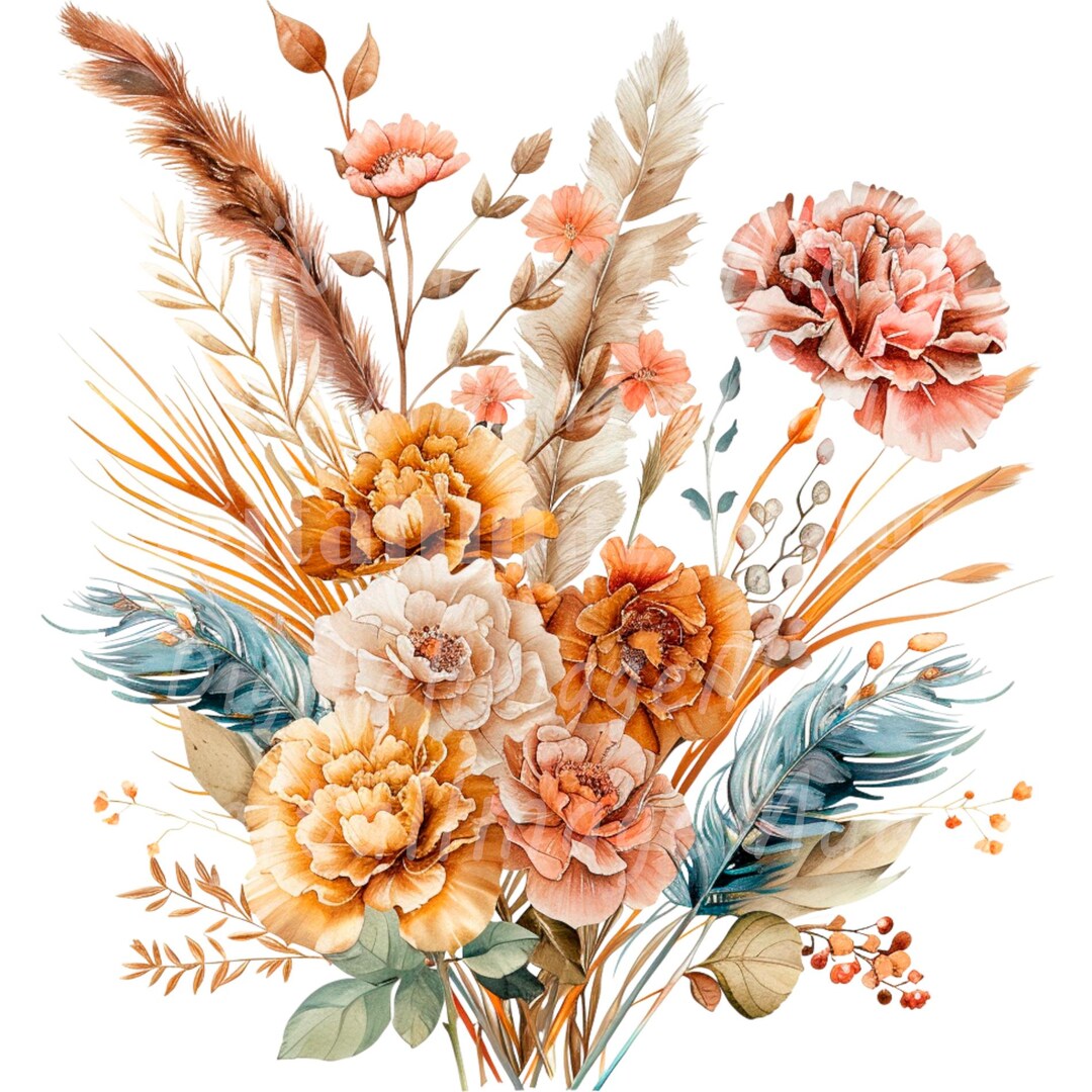 18 Boho Flowers Bouquet Clipart, Flowers Stationery, Carnations ...
