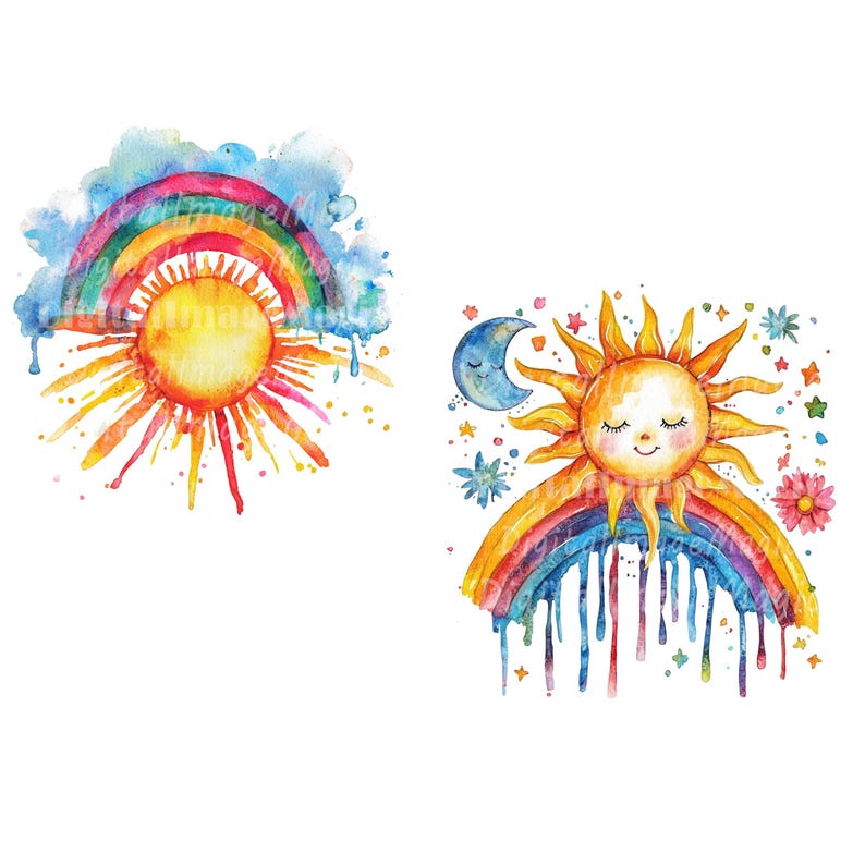 24 Sun and Rainbow Clipart, Nursery Rainbow, Printable Watercolor ...