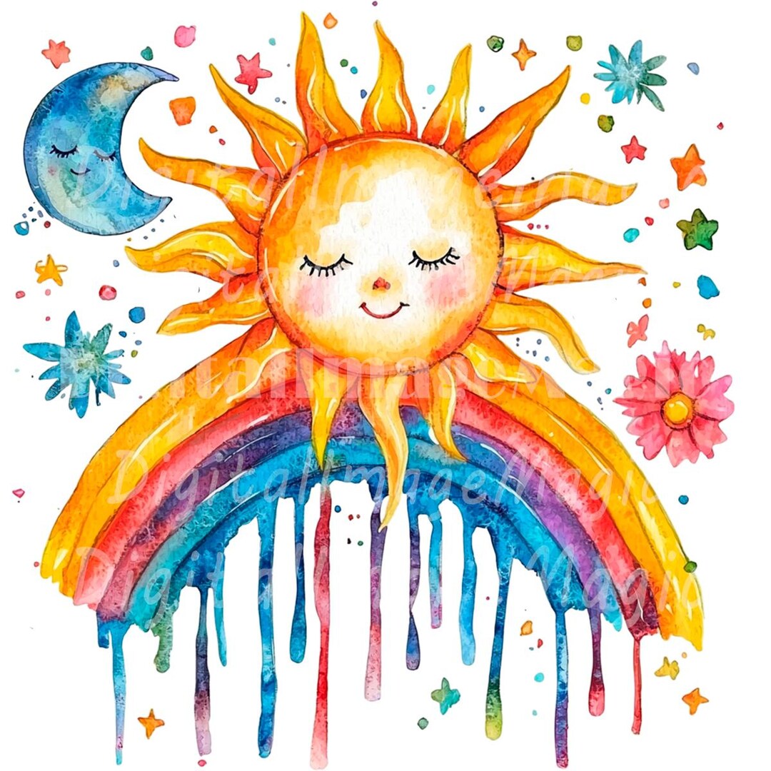 24 Sun and Rainbow Clipart, Nursery Rainbow, Printable Watercolor ...