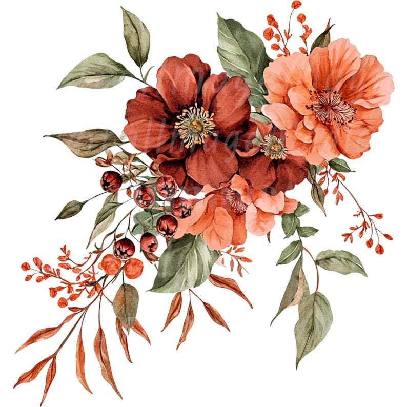 18 Flowers Bouquet Clipart, Flowers Rust, Printable Watercolor Clipart ...