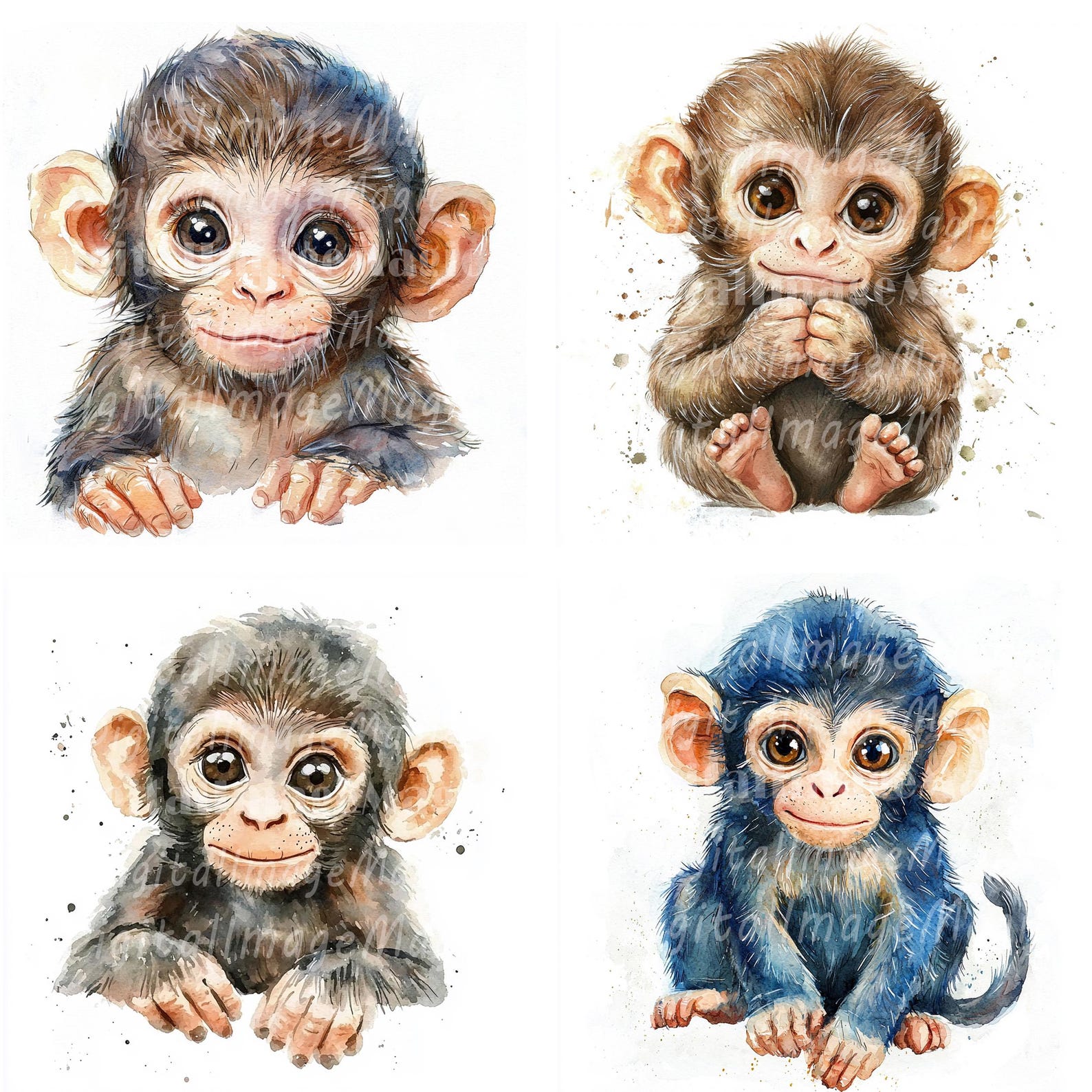 Monkey Baby Clipart - 24 High Quality Jpgs- Printable Watercolor ...