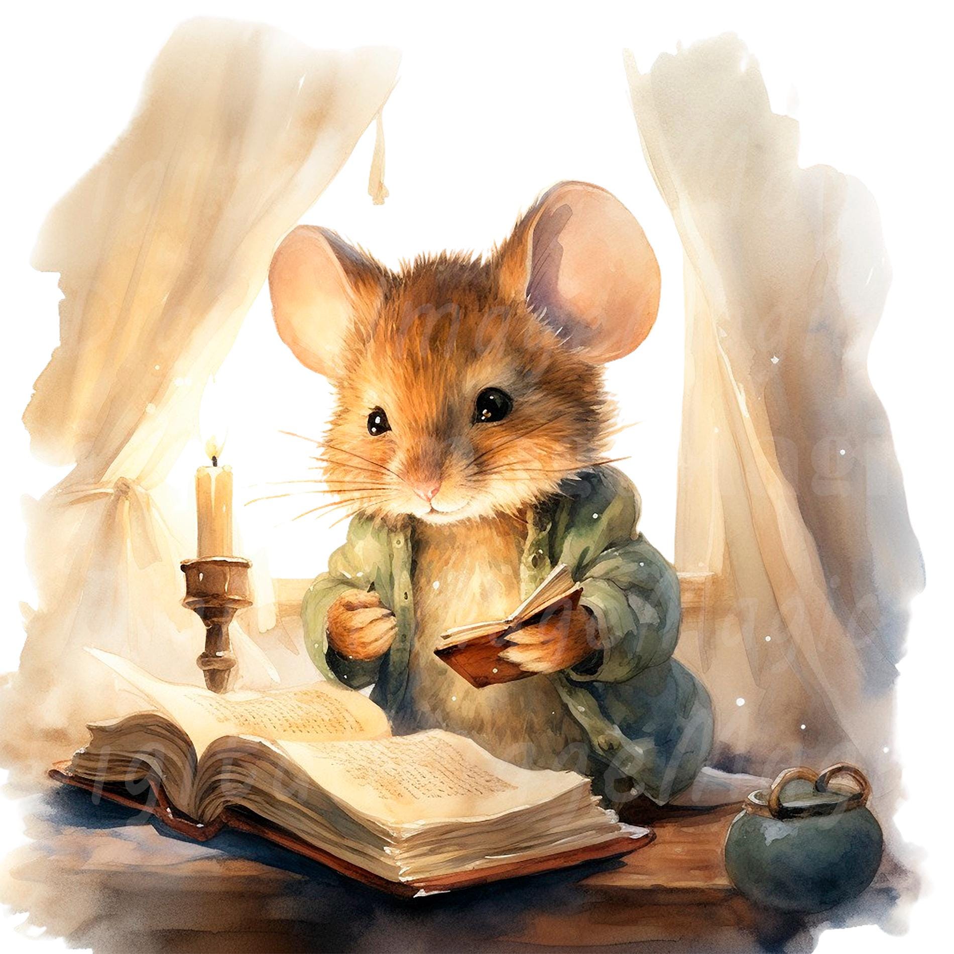 18 Mouse Reading Book Clipart, Mouse Bedroom, Printable Watercolor ...