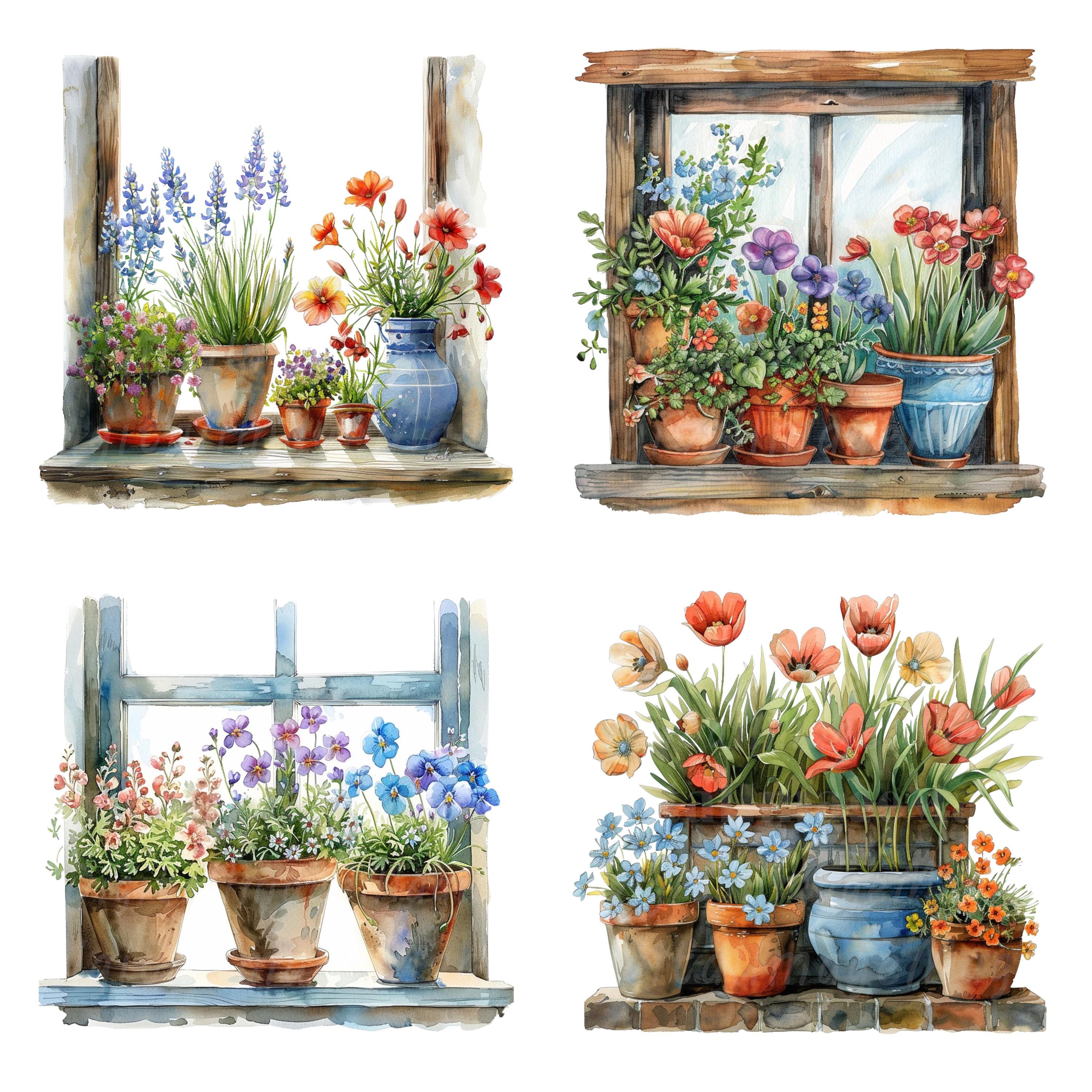 19 Spring Flowers Window Clipart, Flowerpots, Printable Watercolor ...