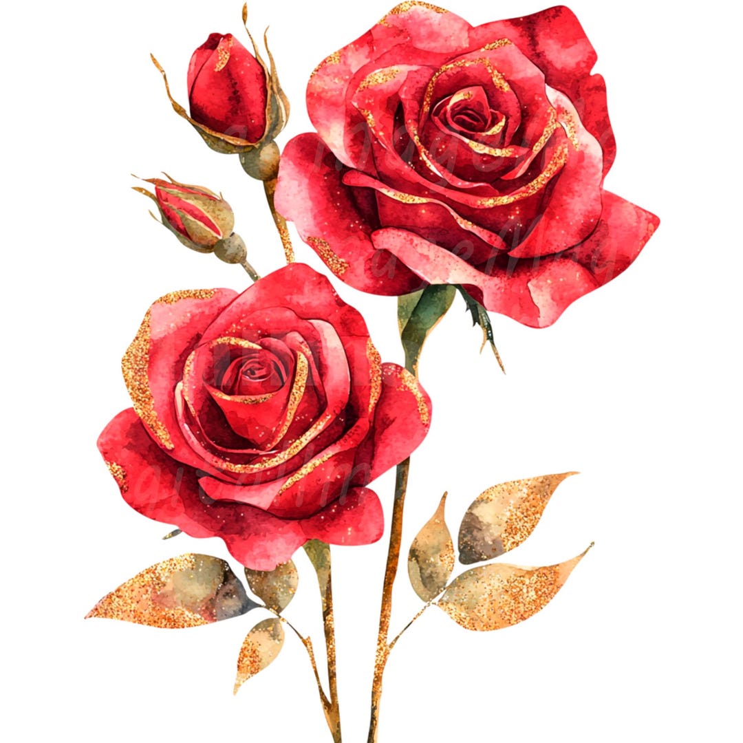 19 Red Gold Rose Clipart, Pastel Rose Stem, Printable Watercolor ...