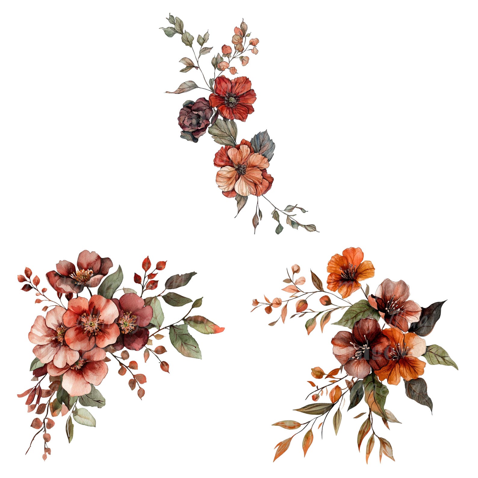 18 Flowers Bouquet Clipart, Flowers Rust, Printable Watercolor Clipart ...