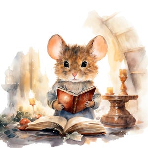 18 Mouse Reading Book Clipart, Mouse Bedroom, Printable Watercolor ...