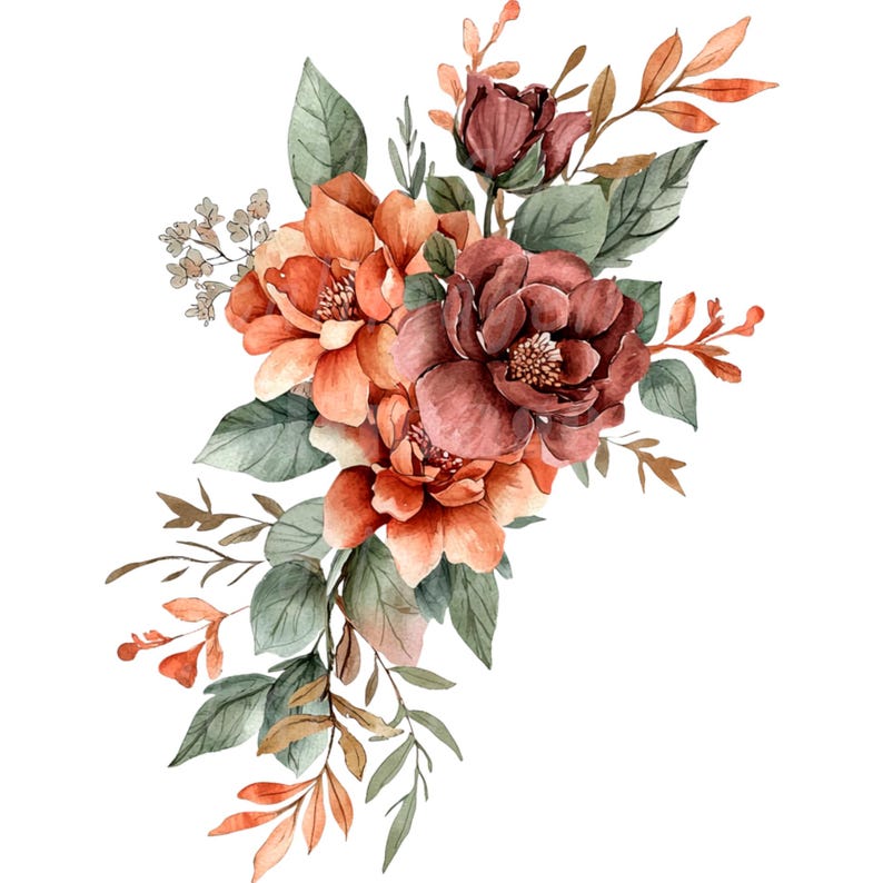 18 Flowers Bouquet Clipart, Flowers Rust, Printable Watercolor Clipart ...